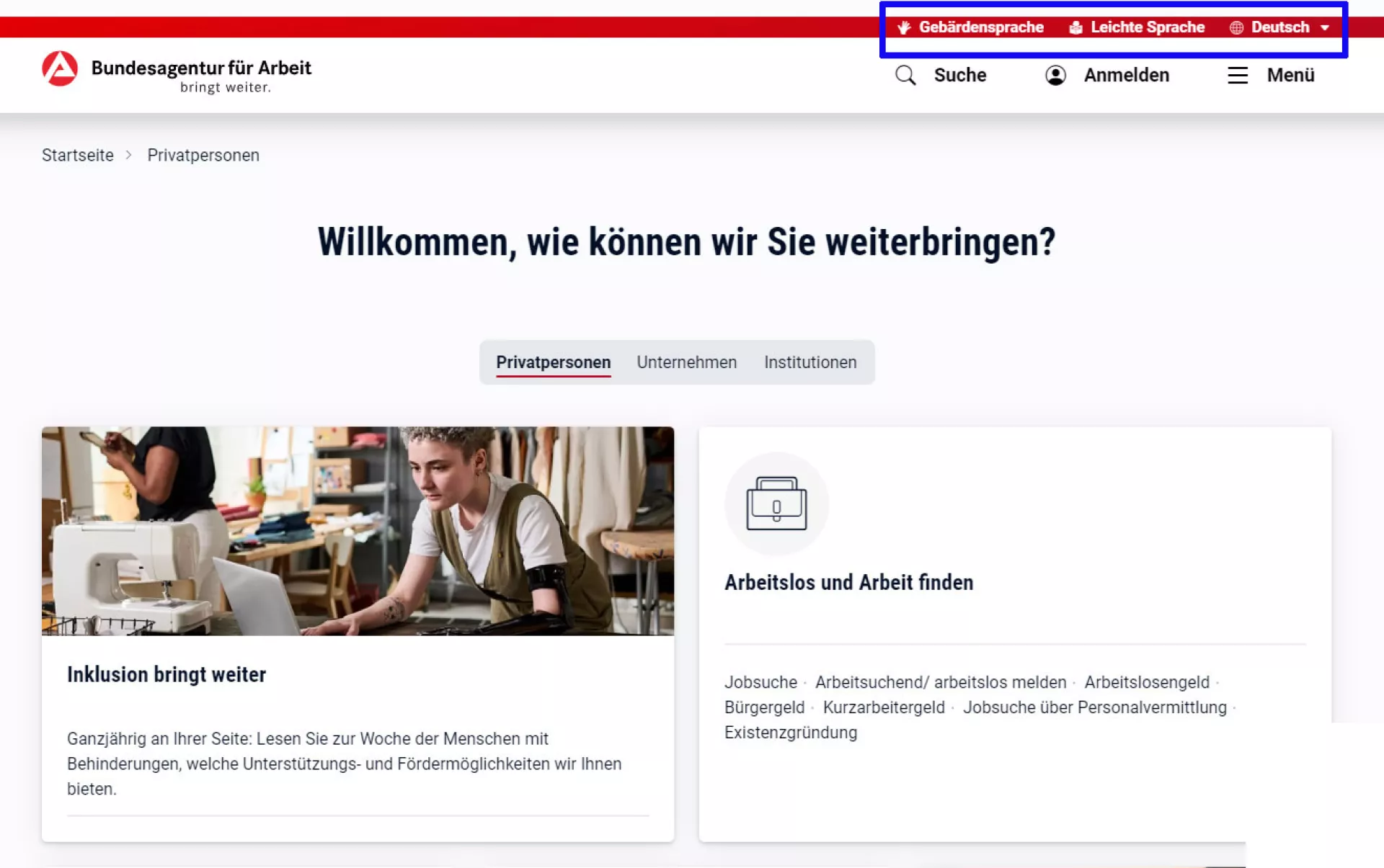 Oben auf der Internet-Seite | Bundesagentur für Arbeit